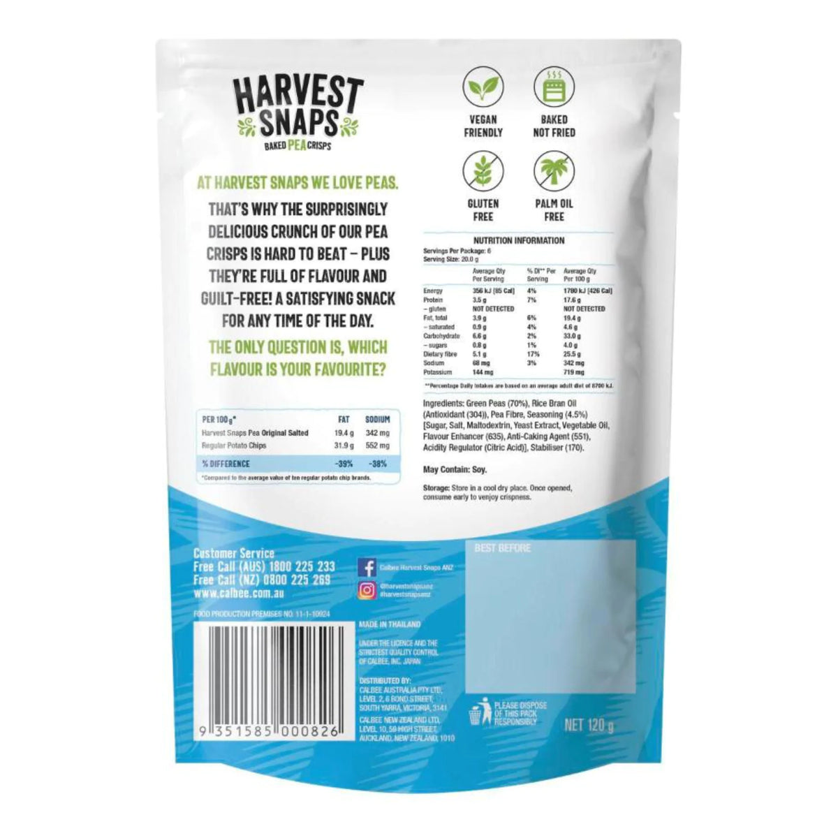 Calbee Harvest Snaps Baked Pea Crisps Original Salted 120g x 2 Packs ...